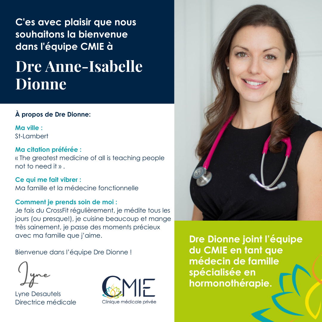 Bienvenue au Dre Anne-Isabelle Dionne - CMIE - Clinique privée